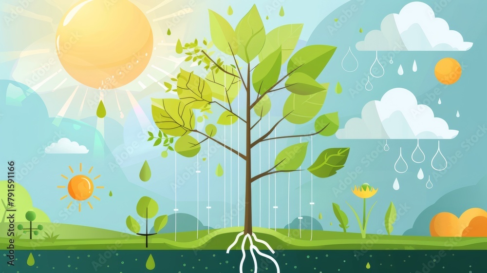Photosynthesis process. Tree produce oxygen using rain and sun. Diagram ...
