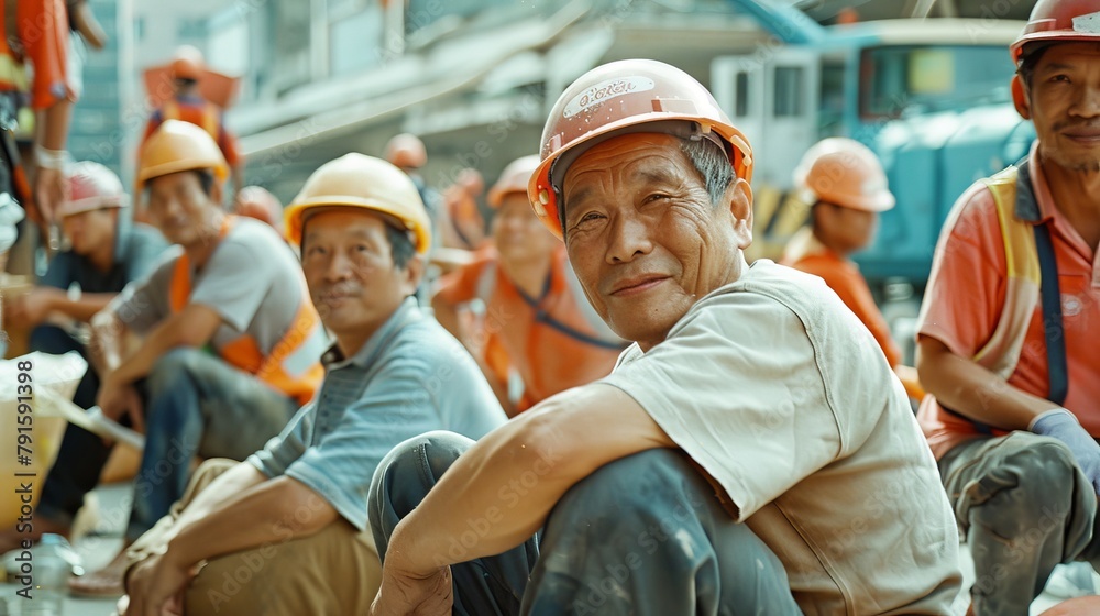 Asian Construction Workers' Camaraderie and Teamwork Stock Illustration ...