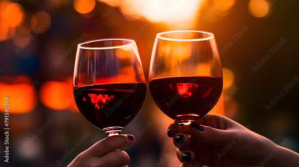 Raising wine glasses displayed amidst a bright and lively setting ...