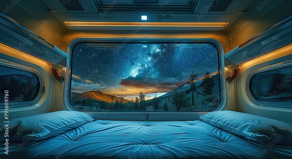 A sleeper compartment with a panoramic roof allowing a view of the ...