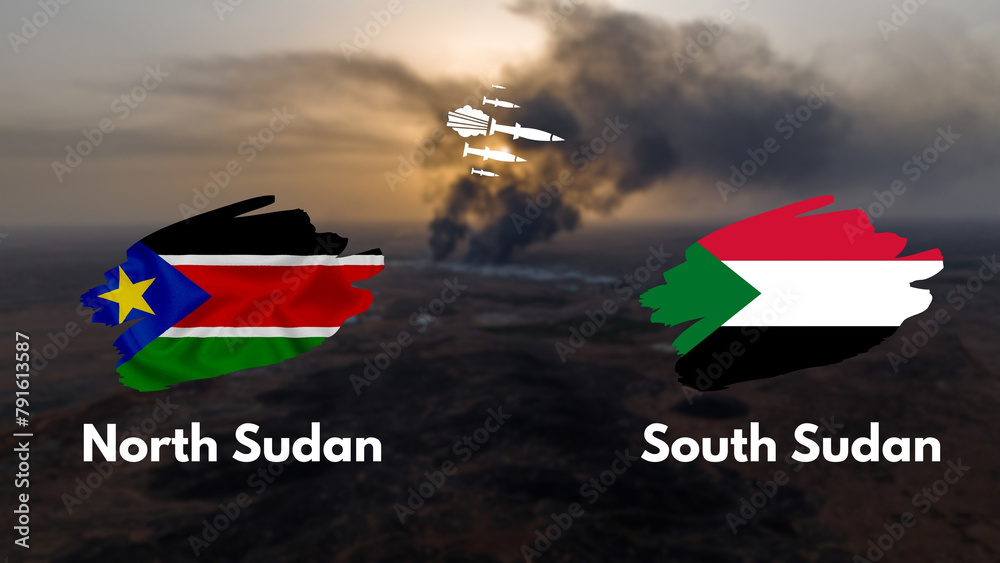 South Sudan and North Sudan flags represent political, military, and ...