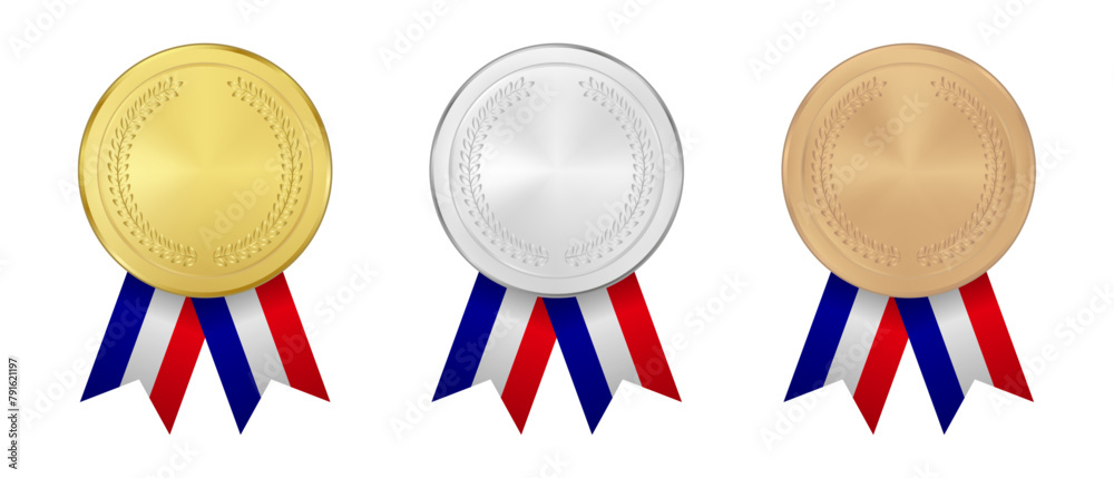 Gold, silver, bronze olympic medals with elegant ribbon in french flag ...