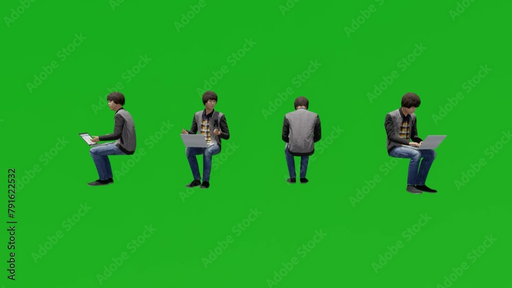 The boy on the green screen, chroma key, sitting in different tasks and ...