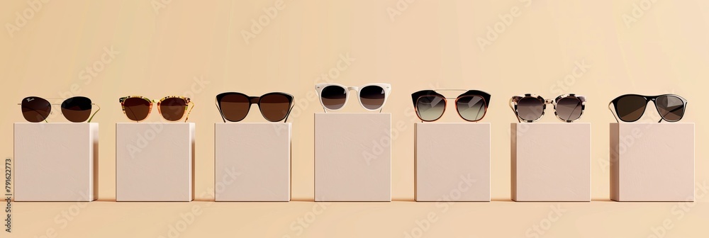 Various pairs of sunglasses and spectacles displayed on podiums against ...