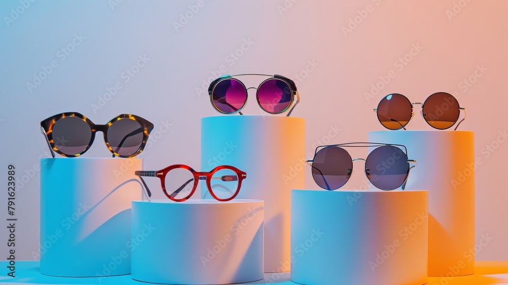 Eyeglasses and trendy sunglasses with various designs displayed on ...