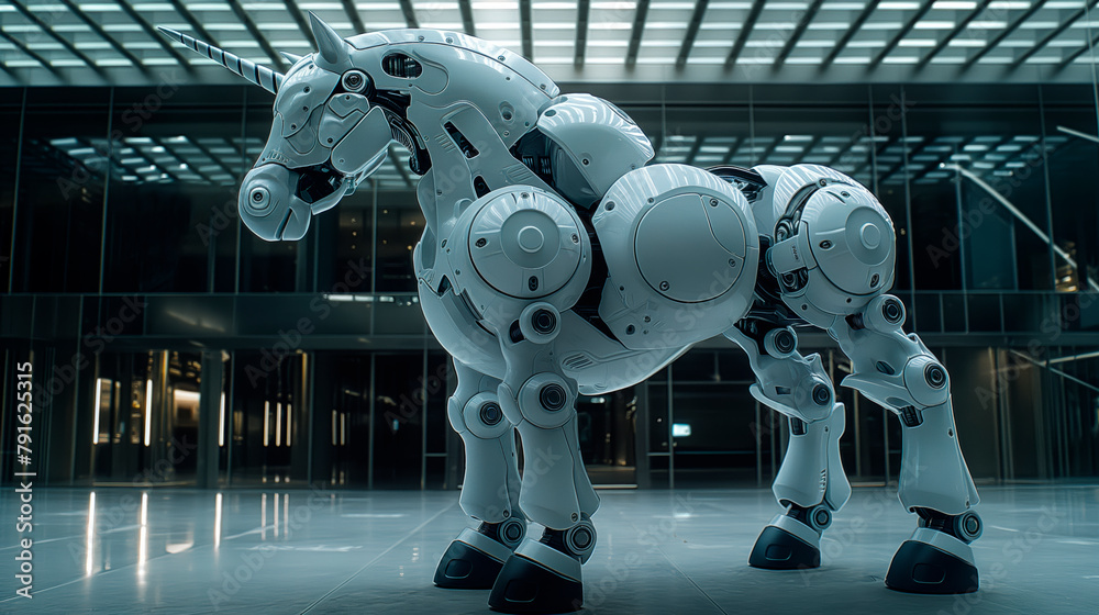 Robotic unicorn, sleek mechanical design in modern corporate lobby ...