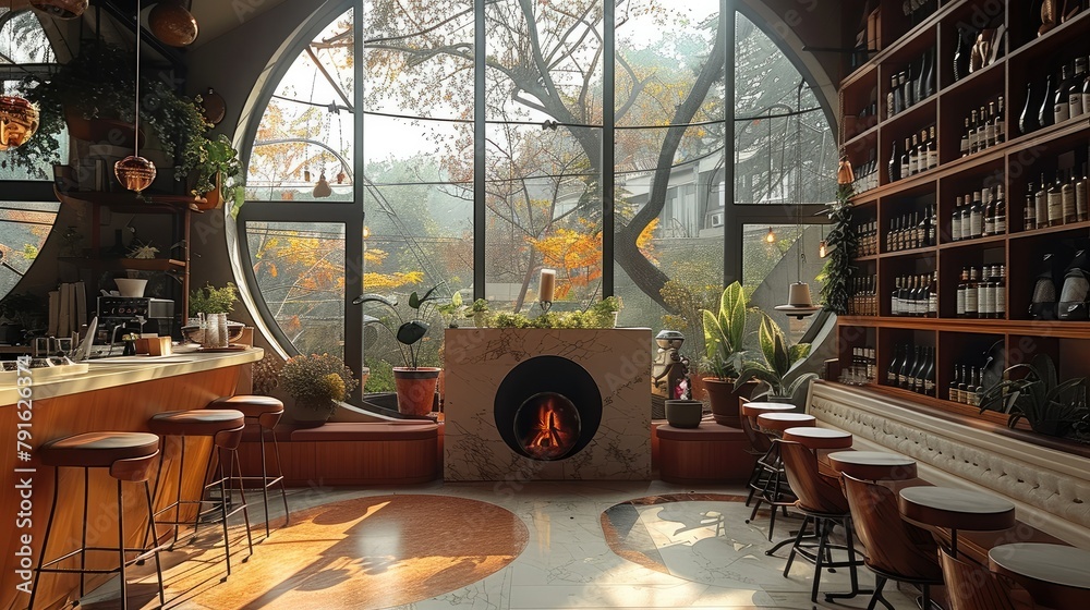 Indoor coffee shop with bar and fireplace with view to glass circular ...