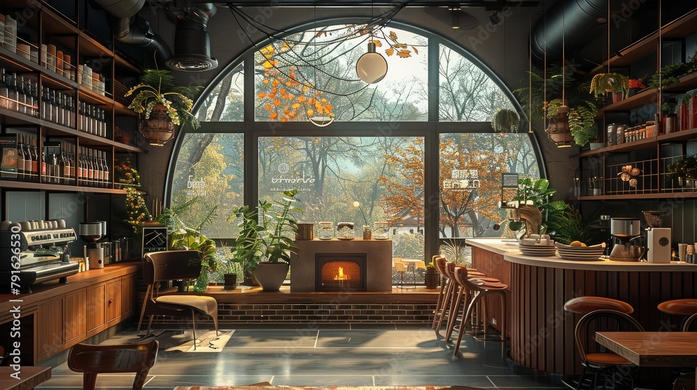 Indoor coffee shop with bar and fireplace with view to glass circular ...