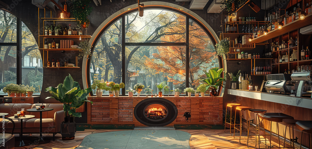 Indoor coffee shop with bar and fireplace with view to glass circular ...