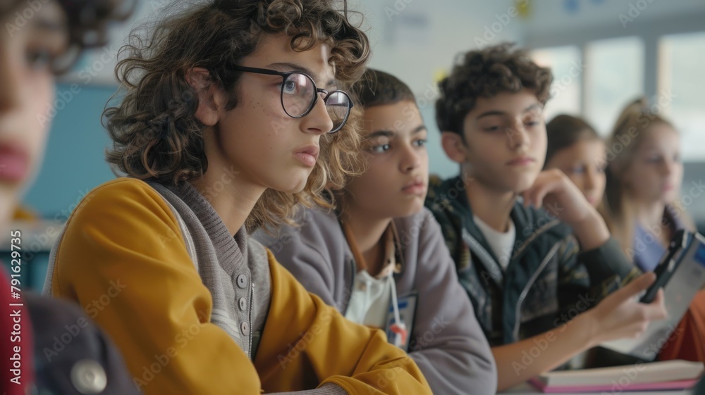 group of focused teenagers in a classroom setting shows the diversity ...