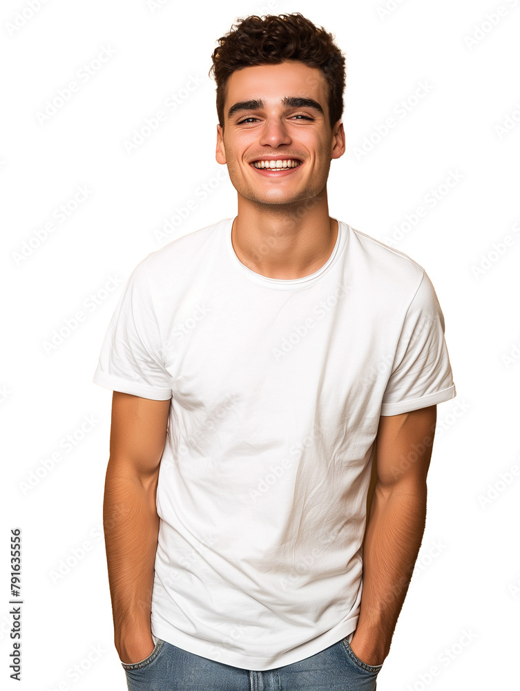 male model smiling dressed in a white t-shirt mockup with empty space ...