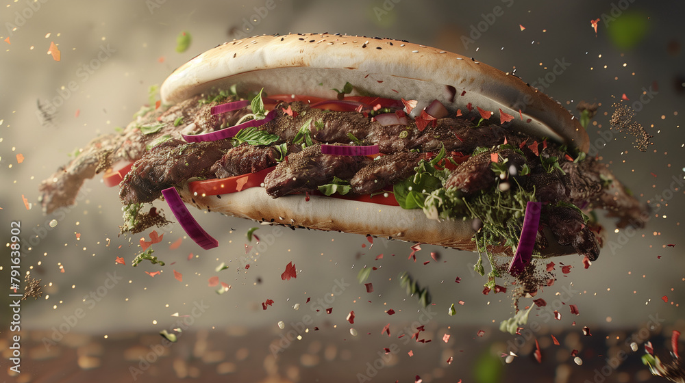 A minimalist yet lifelike exploded view of a döner kebab, meticulously ...