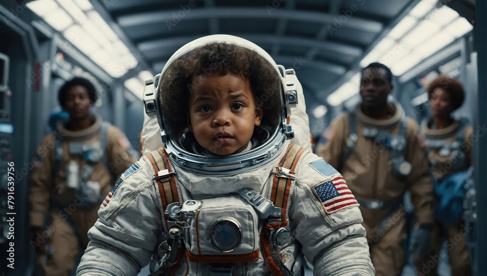 African American baby astronaut with afro hairstyle wearing ...
