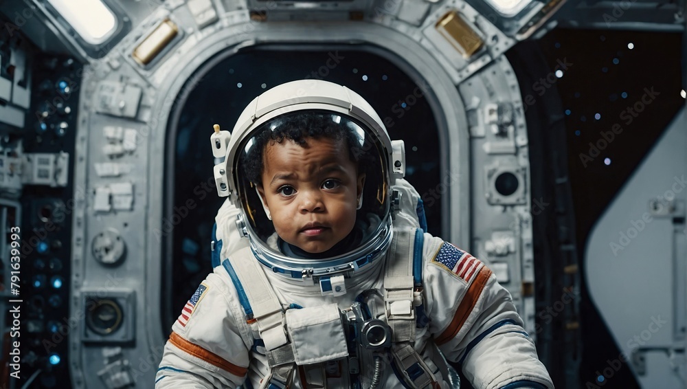 African American baby astronaut with afro hairstyle wearing ...