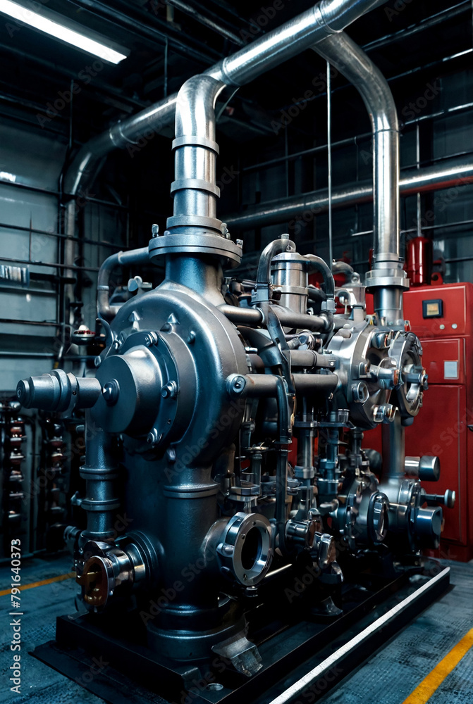 Industrial interior of water pump, valves, pressure gauges, motors ...