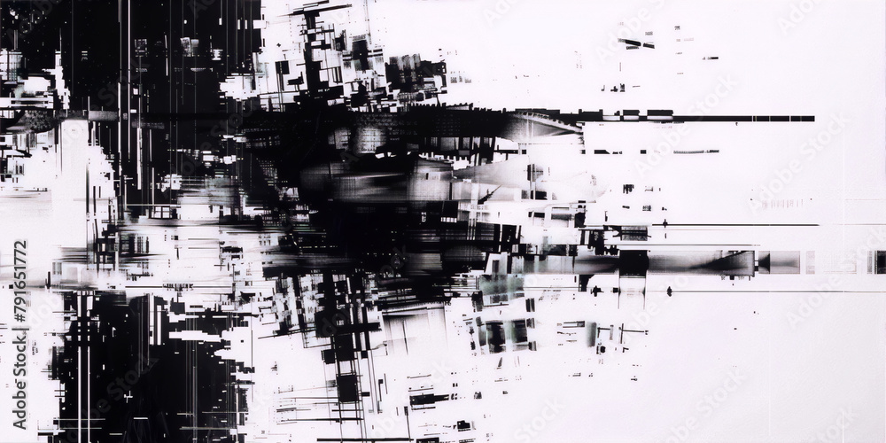 Glitched urban structures rendered in black and white with a hint of ...