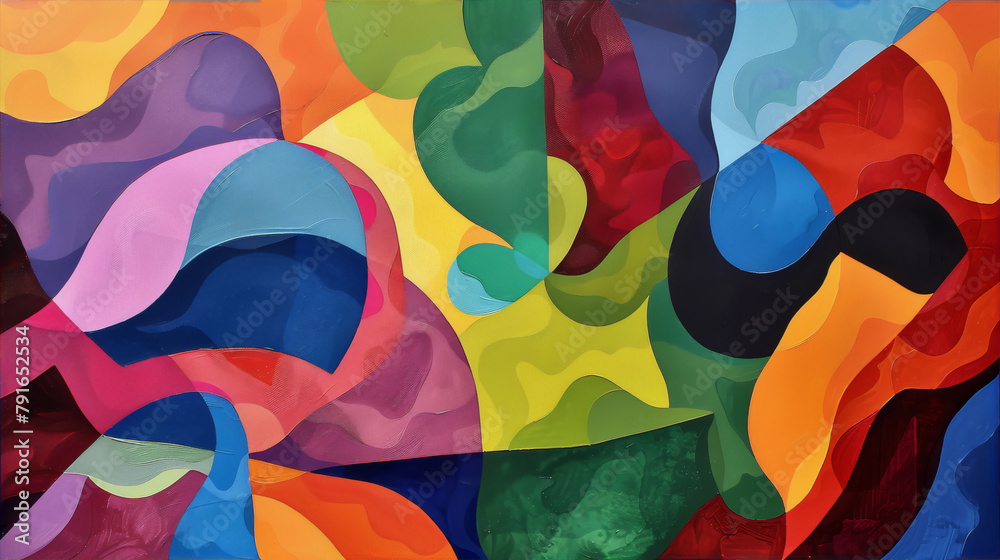 vibrant multicolored abstract painting with geometric shapes and curved ...