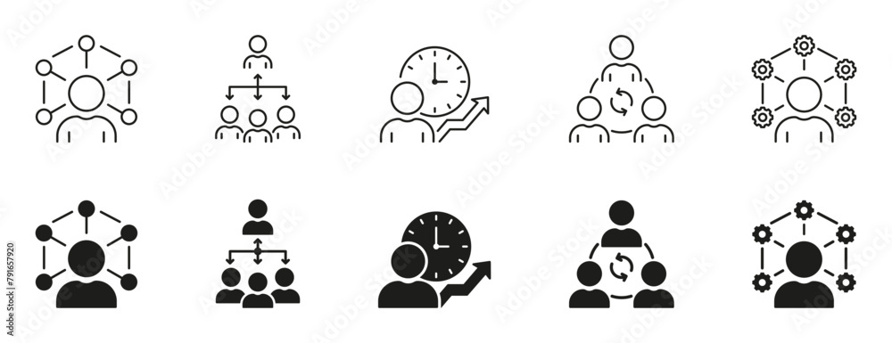 Teamwork In Business Line and Silhouette Icon Set. Project Management ...