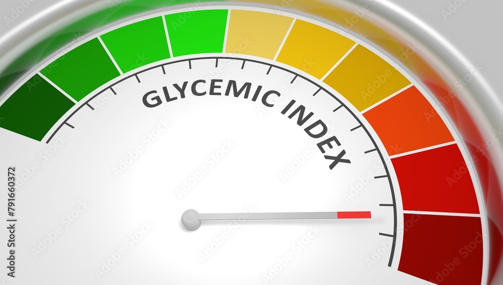 Glycemic index level on measure scale. Instrument scale with arrow ...