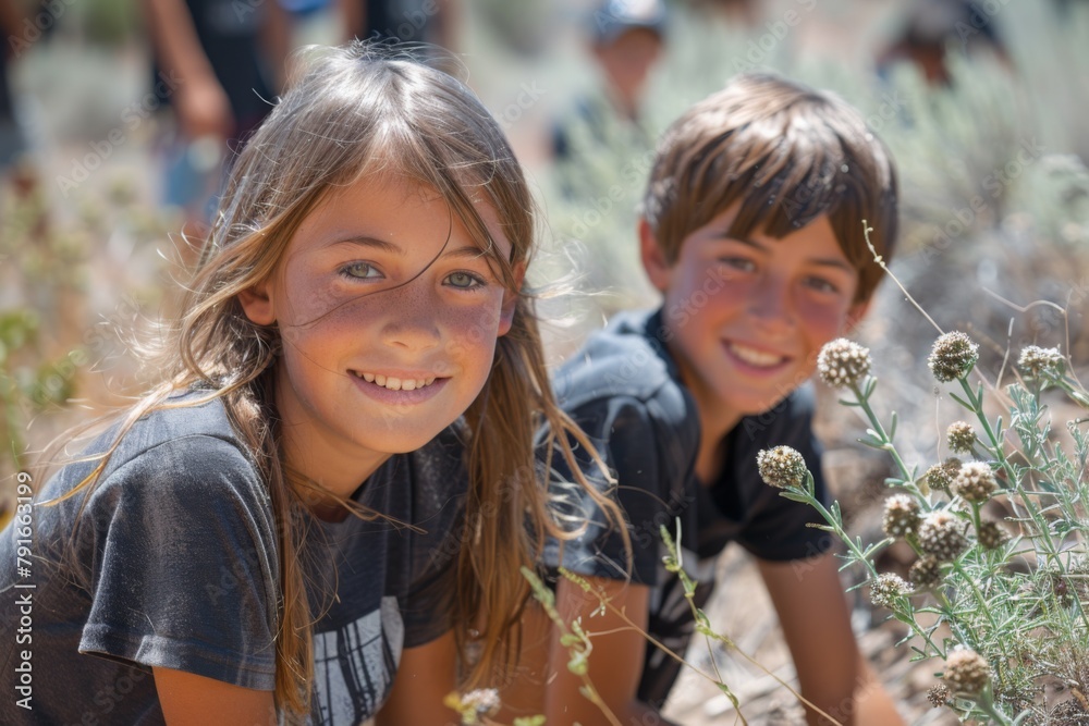 Smiling children in a desert landscape, engaged in an educational ...