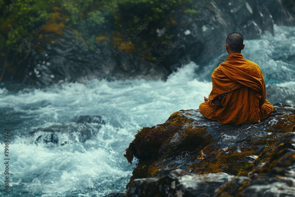 Beside a flowing river - a monk in deep meditation embodies the flow of ...