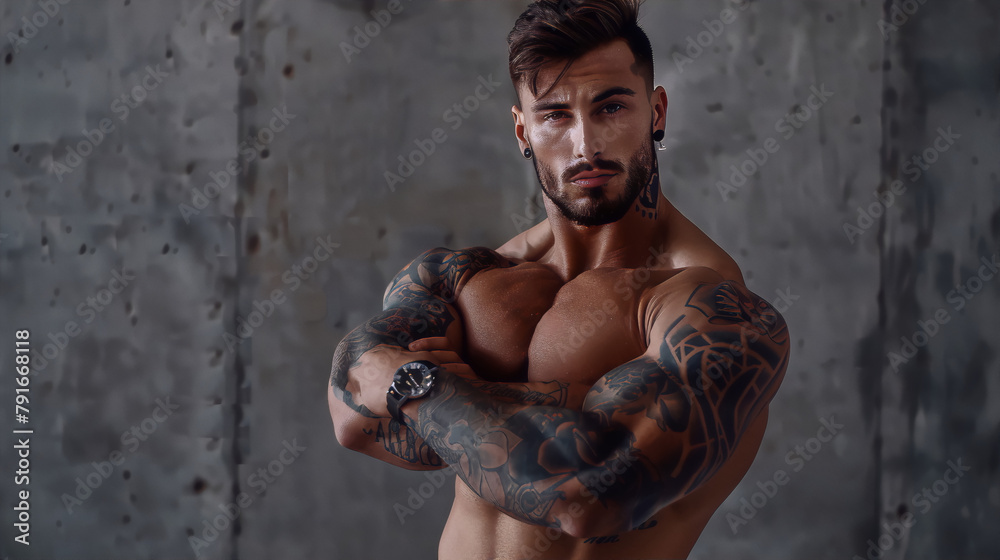 muscular tattooed man with intense expression poses interior concrete ...