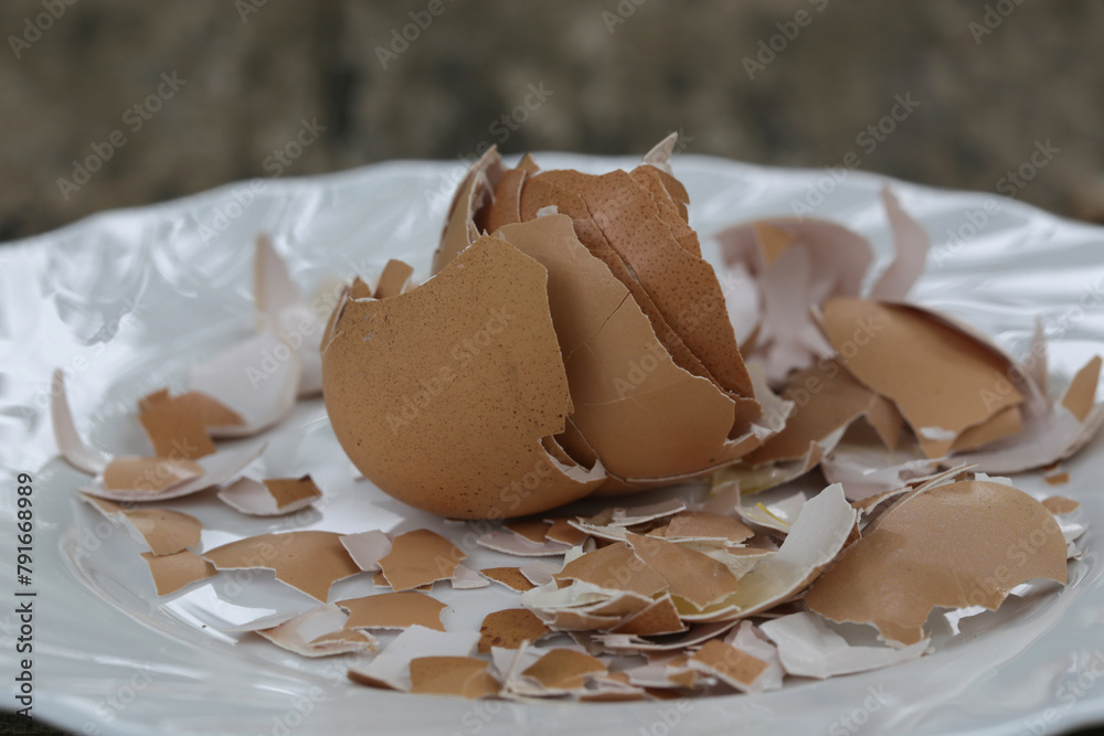 Crushed egg shell on the plate, cn be used as a calcium and mineral ...