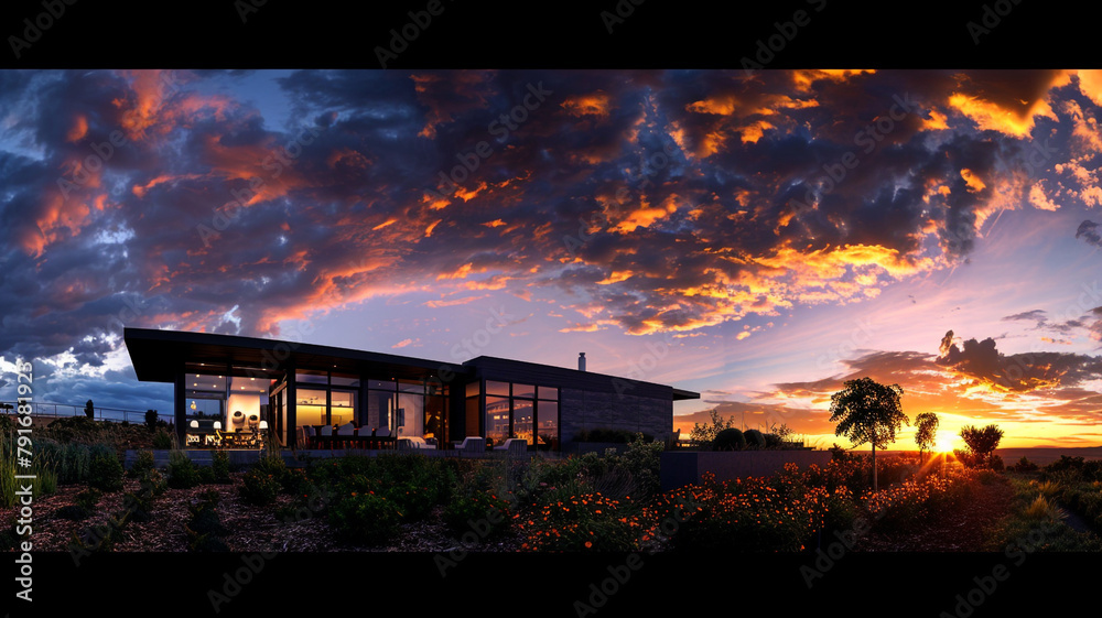 A panoramic shot showcasing a contemporary home's sleek silhouette ...