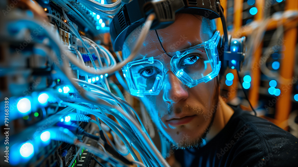 Man Wired Directly Into Server Room Computer Wearing Safety Glasses ...