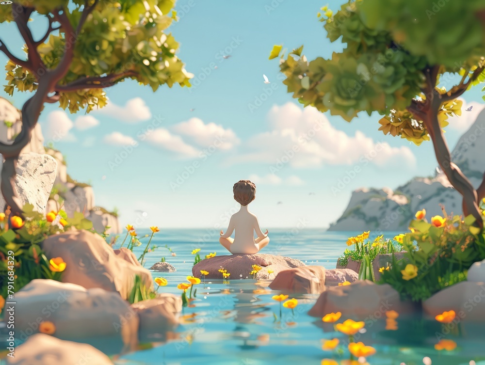 A peaceful 3D cartoon setting of a meditation session by the sea ...