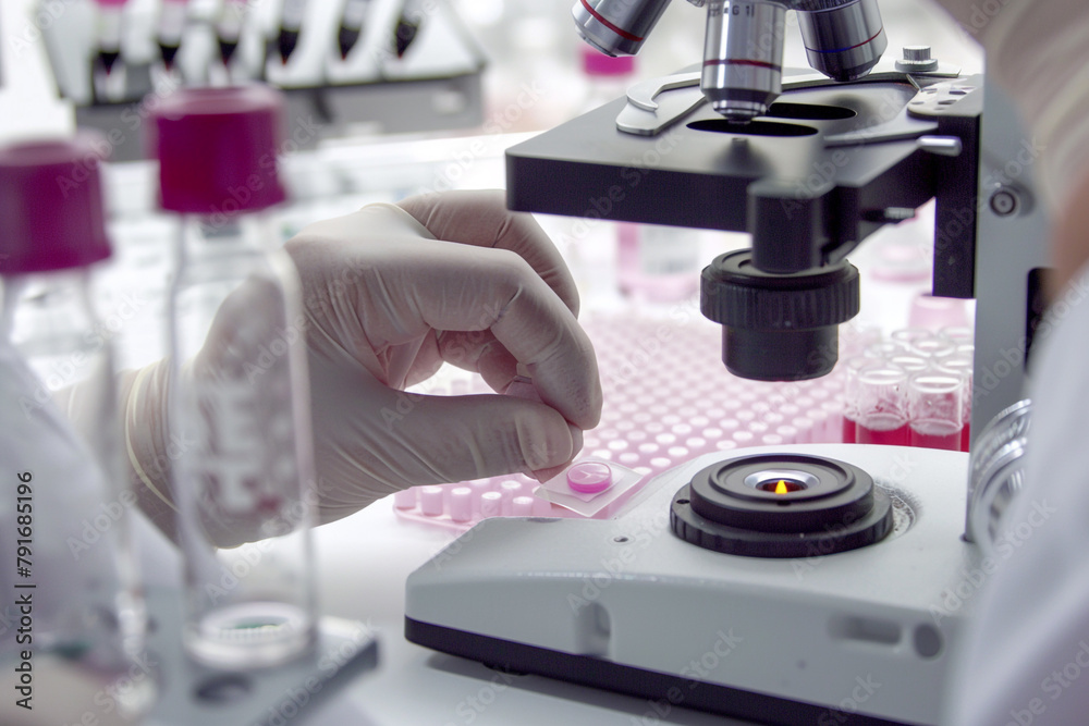 A close-up shot of a scientist preparing a slide for Gram staining, a ...