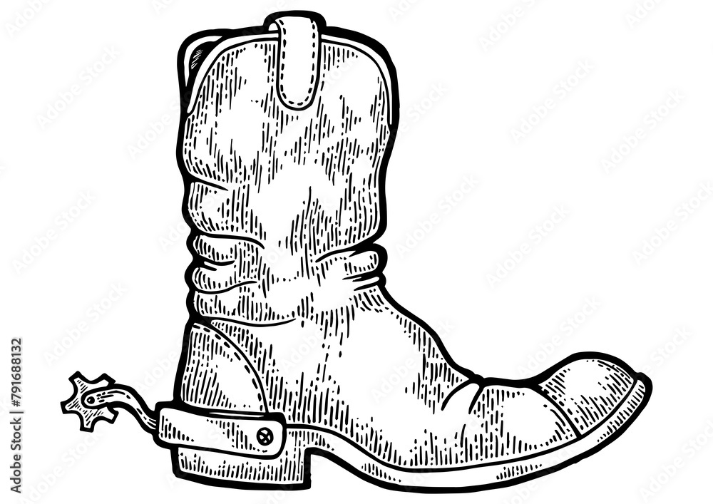 Cowboy boot with spur engraving PNG illustration. Scratch board style ...