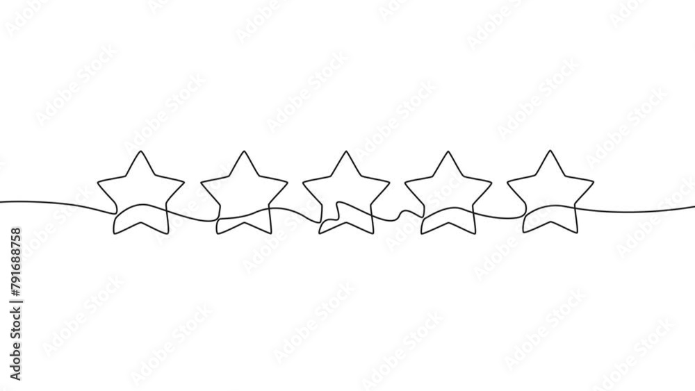 animated continuous single line drawing of five stars in a row, line ...