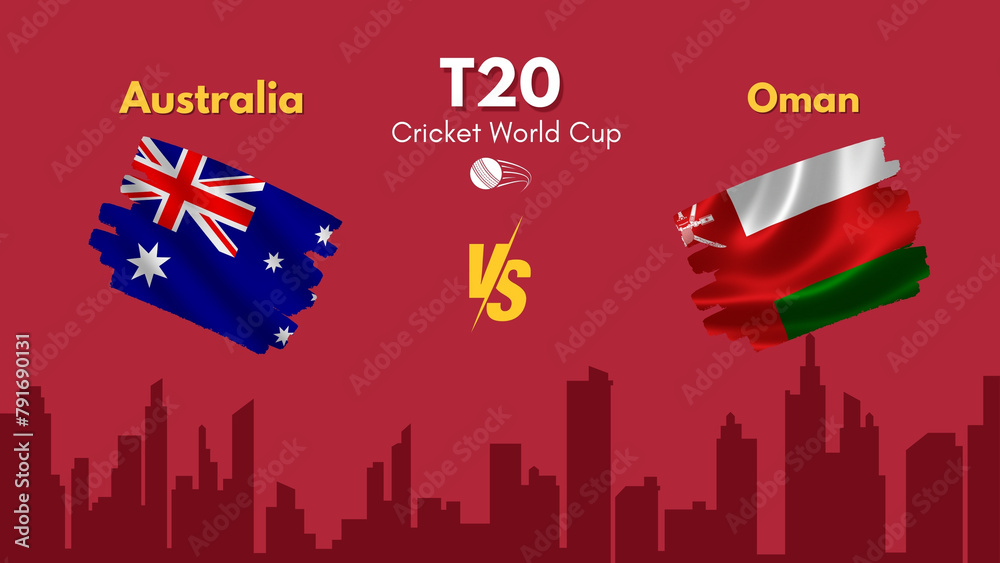 Australia vs Oman flag, world map, and building skyline used for t20 ...