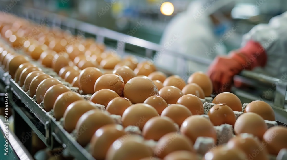 Modern equipment in action efficiently sorting eggs by size, weight and ...