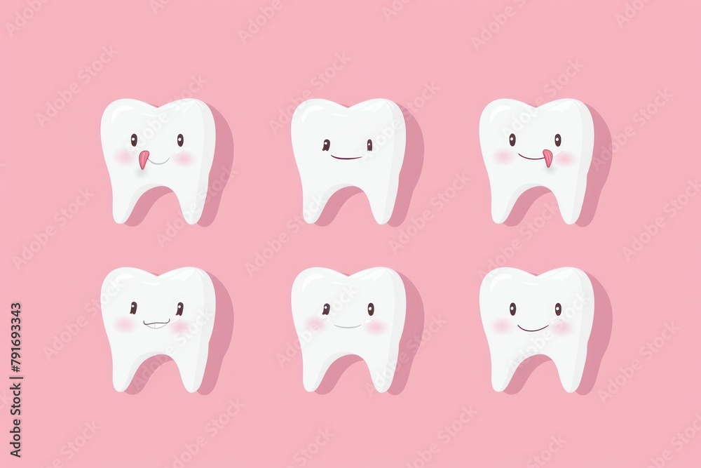 Set of teeth with various facial expressions on pink background; happy ...