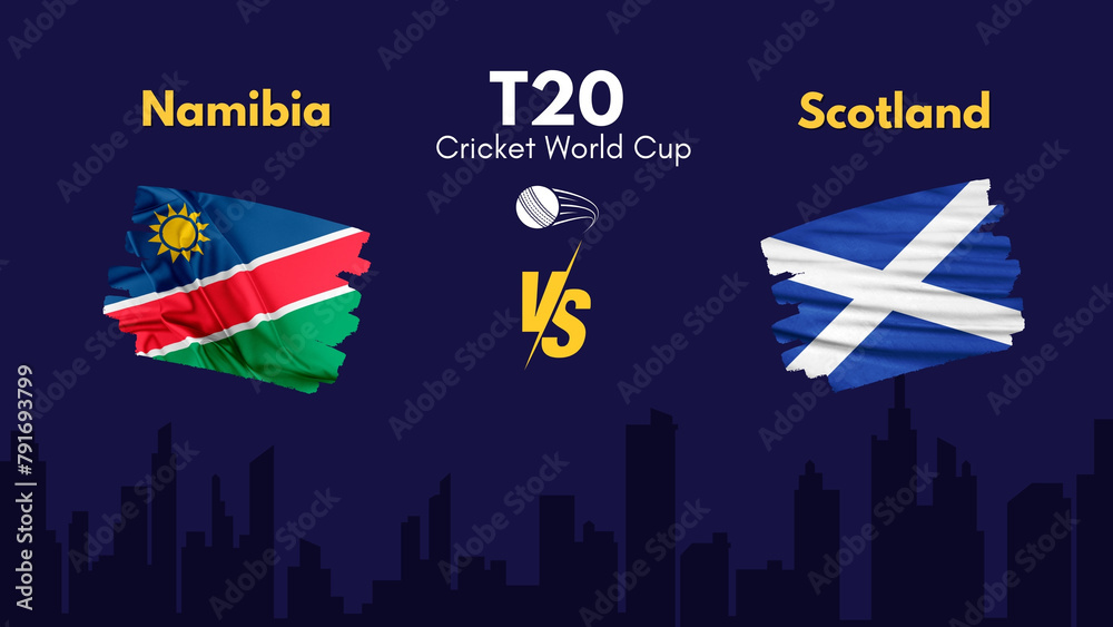 Namibia vs scotland flag, world map and building skyline use for t20 ...