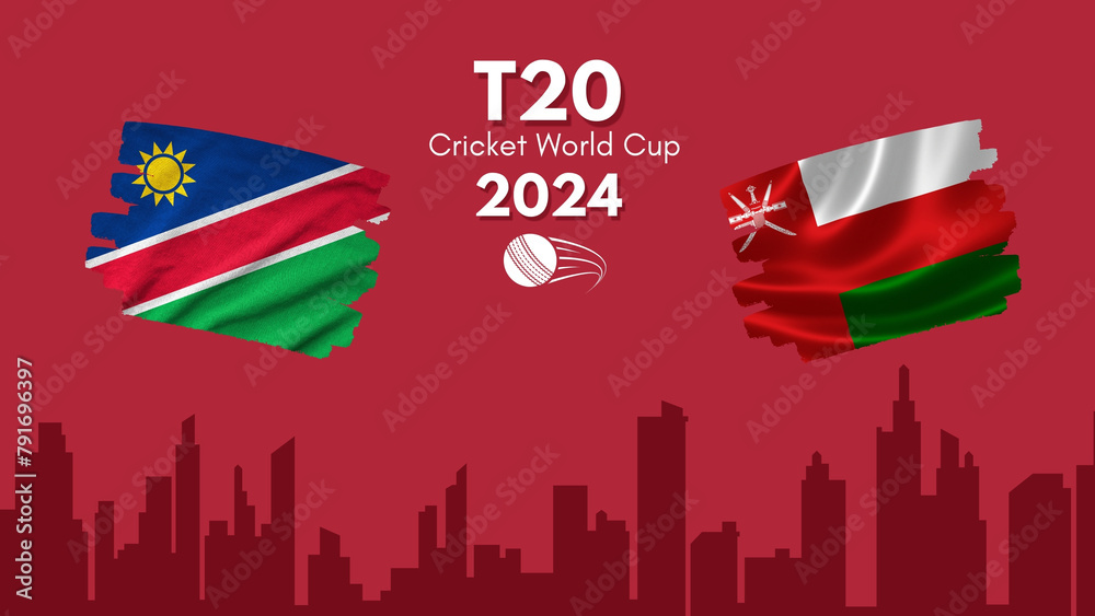 Namibia vs Oman flag, world map and building skyline use for t20 ...