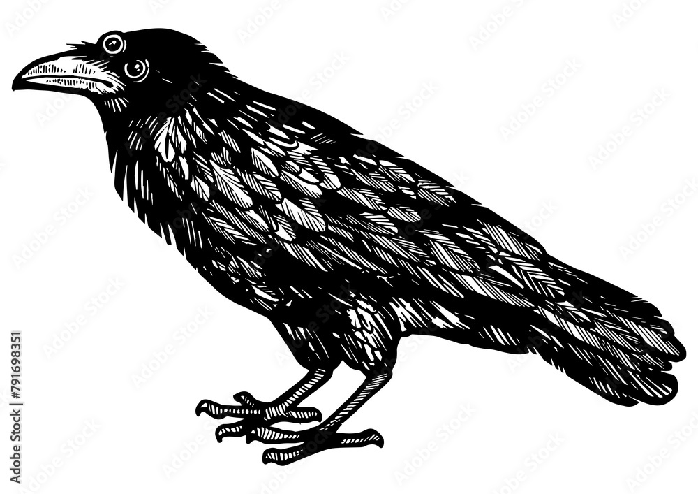 Crow with three eyes sketch engraving PNG illustration. Scratch board ...
