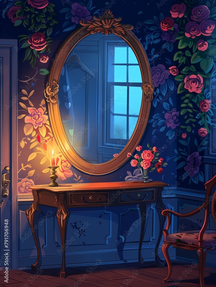 Mirror Magic A 2D cartoonstyle illustration of a stylish bedroom setup ...
