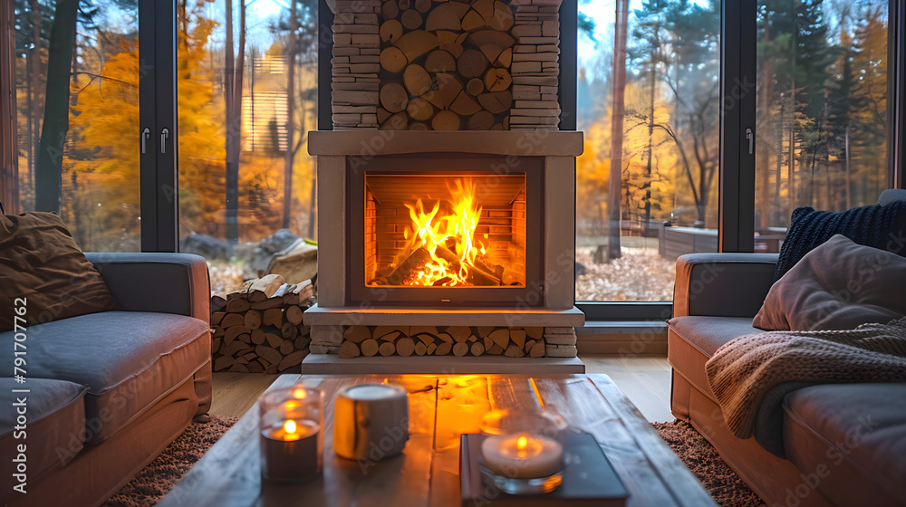 Cozy living room with fireplace and view of forest. Fireplace is lit by ...