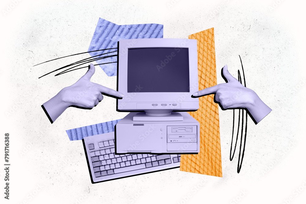 Composite photo collage of hand type computer keyboard old monitor ...