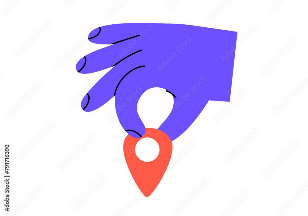 Hand drawn cute illustration hand with location pin or navigation mark ...