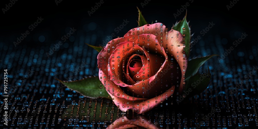 Rose binary code on dark, creating an atmosphere of data technology and ...