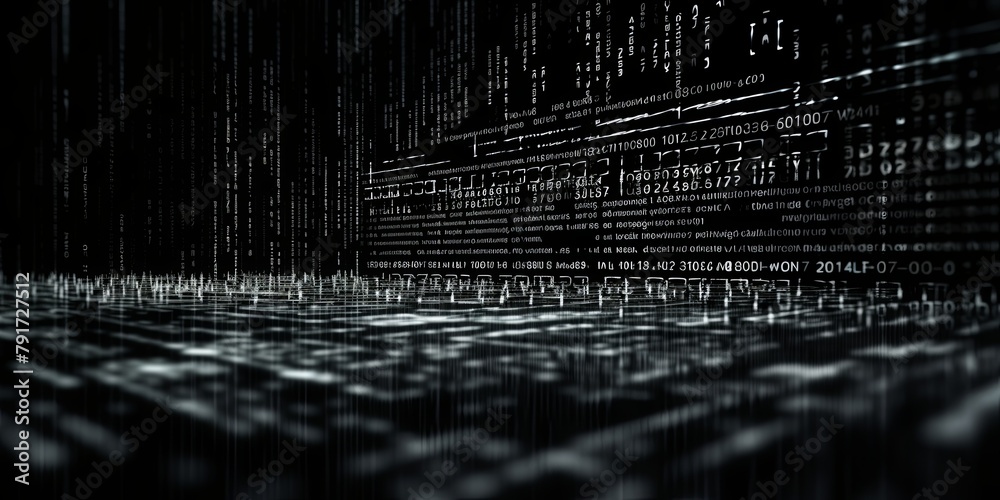 Silver binary code on dark, creating an atmosphere of data technology and cyber security. Focus ...