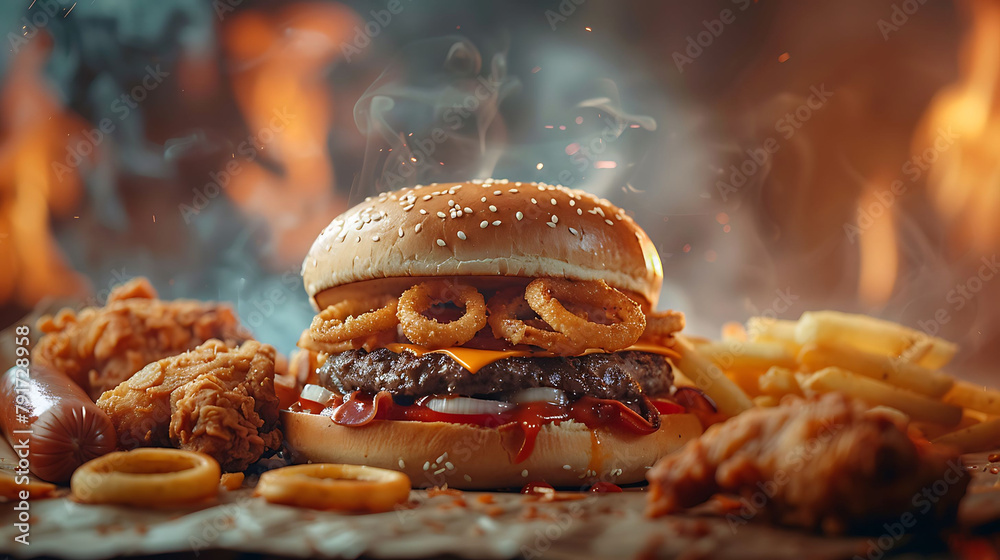 Foto de Fast food concept with greasy fried restaurant take out as ...