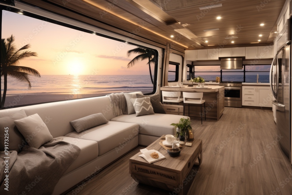 Wide photo of a luxurious motorhome interior with a sweeping view of a ...