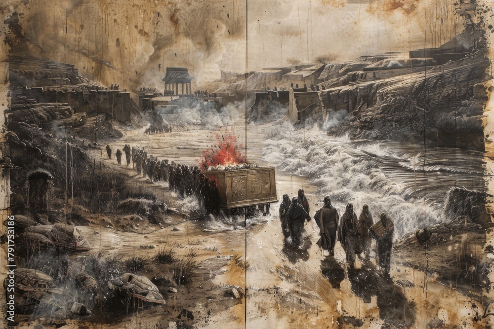Ark of the Covenant Crossing the Jordan River on Old Paper Stock ...