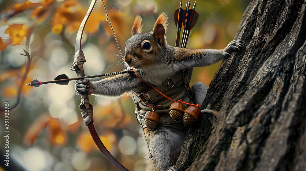 Squirrel in a tiny archer costume, climbing a tree for a better shot, acorn-themed arrows Stock ...