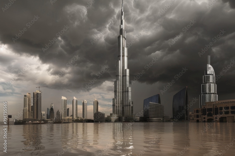 Wide photo capturing a striking scene of a city skyline under menacing ...